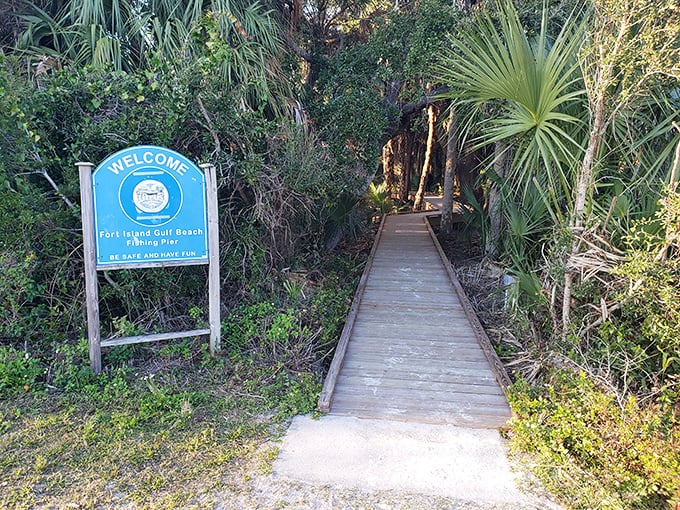 The entrance sign might as well say "Abandon stress, all ye who enter here." This pathway leads to fishing, contemplation, and blood pressure reduction.