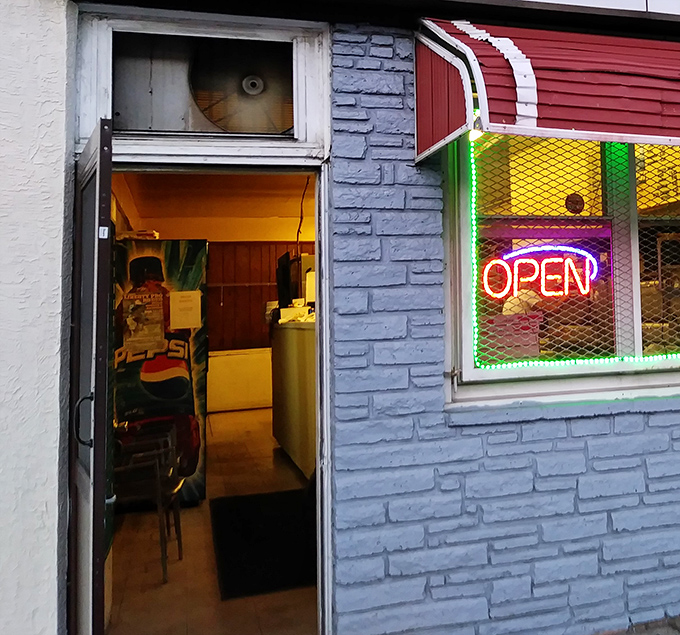 The neon "OPEN" sign glows like a beacon for the pizza-deprived, promising salvation in the form of cheese and dough.