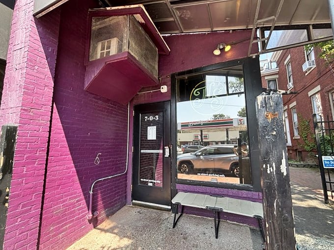 The entrance beckons with purple charm and a simple bench &ndash; like your coolest friend's house where the best food memories are made.