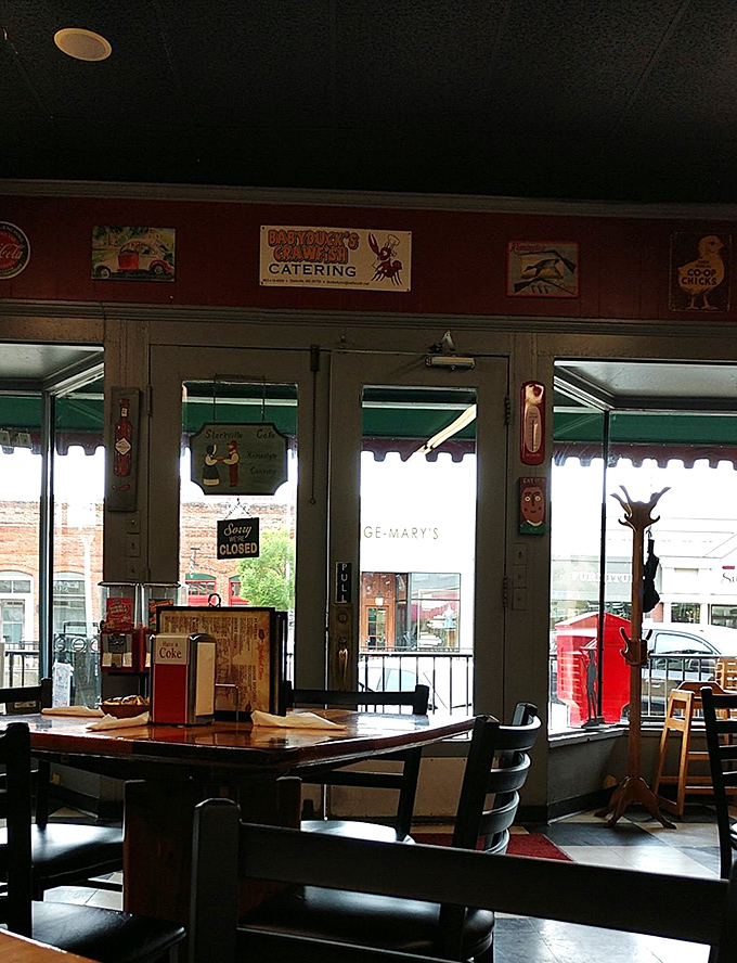 The view from inside reveals Main Street Starkville&mdash;where breakfast-filled patrons return to the real world, reluctantly.