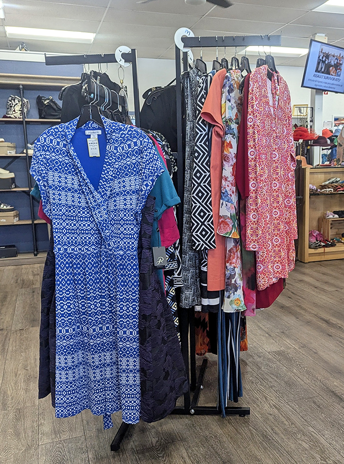 Colorful dresses waiting for their second act. That blue geometric number could take you from office to cocktails without missing a beat.