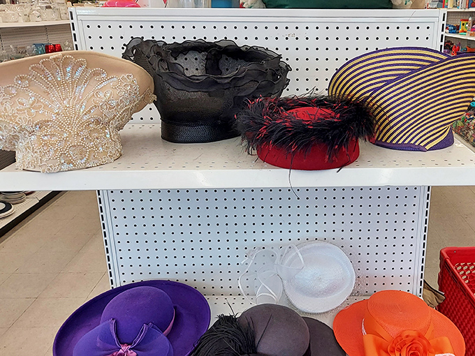 The hat section: where Kentucky Derby elegance meets Halloween party potential in a glorious spectrum of headwear possibilities.