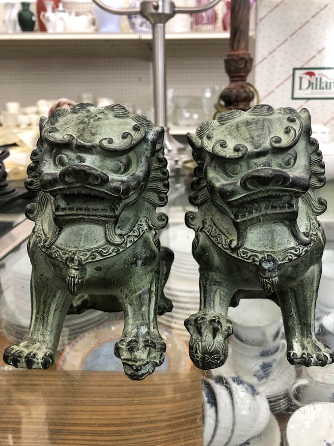 These stoic guardian lions have seen things in their previous homes. Now they're waiting to protect your bookshelf or entryway with their ancient wisdom.