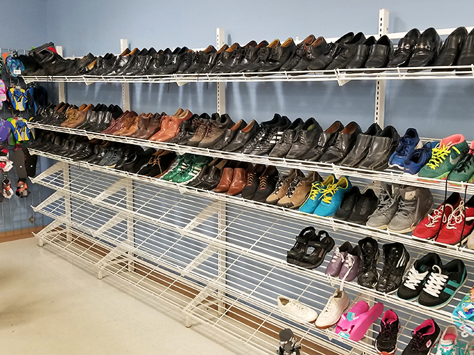 Shoe heaven! From sensible office footwear to neon athletic kicks, these shelves hold the potential for both practical purchases and unexpected style upgrades.