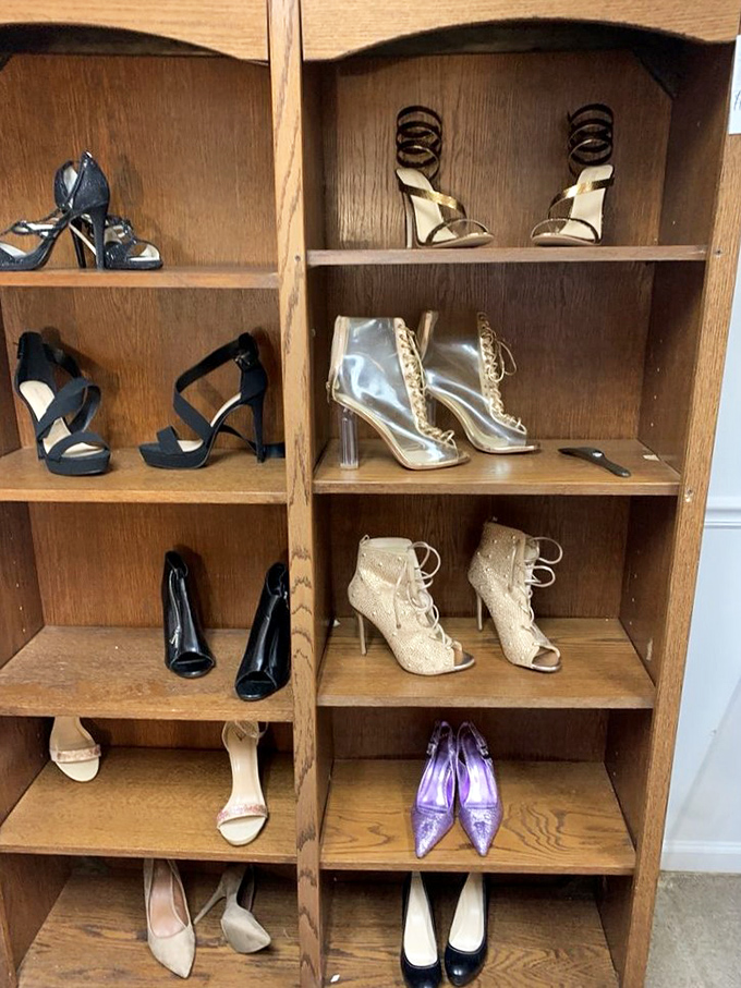 The shoe display&mdash;where Cinderella's glass slipper might be hiding among practical flats and glamorous heels waiting for their next dance.