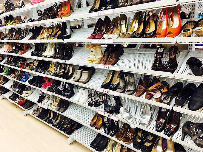 Shoe heaven stretches before you like a Las Vegas buffet. Designer heels mingle with practical flats in this footwear democracy.