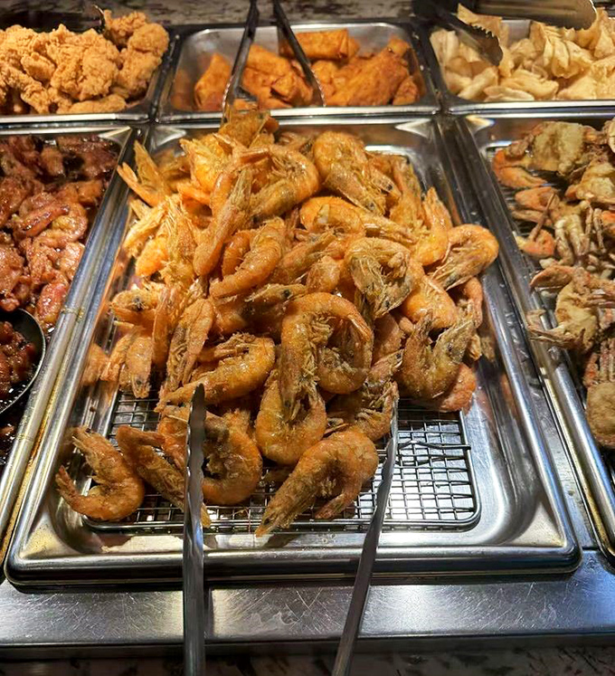Fried shrimp so plentiful they're practically spilling over the edges. The buffet equivalent of "go ahead, take another &ndash; we've got plenty!"