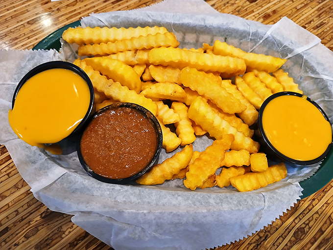 Crinkle-cut fries with dipping sauces &ndash; the supporting actors who sometimes steal the show. That cheese sauce should win an Emmy.