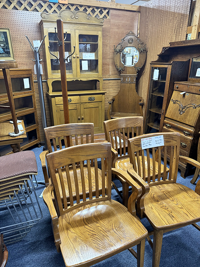 Oak chairs with the kind of craftsmanship that makes modern furniture weep. They've supported generations of family dinners and still look ready for more.