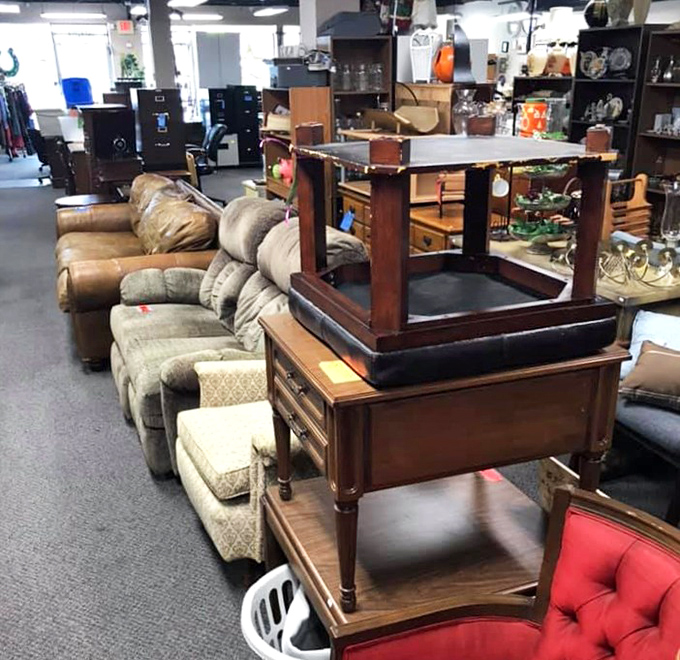 The furniture section: where mid-century meets country charm meets "that's exactly what I've been looking for!" All priced less than a fancy dinner.
