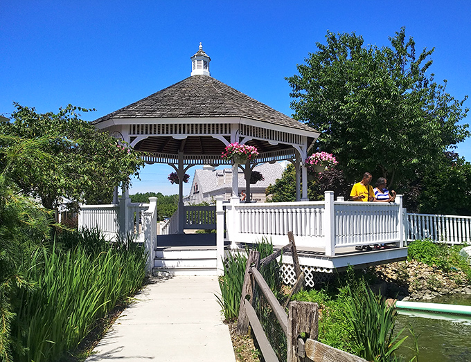 This picturesque gazebo provides the perfect resting spot to contemplate your purchases or strategize your next retail conquest.