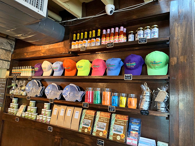 The gift shop offers a rainbow of souvenirs&mdash;because nothing says "I had an amazing meal" like a neon baseball cap.