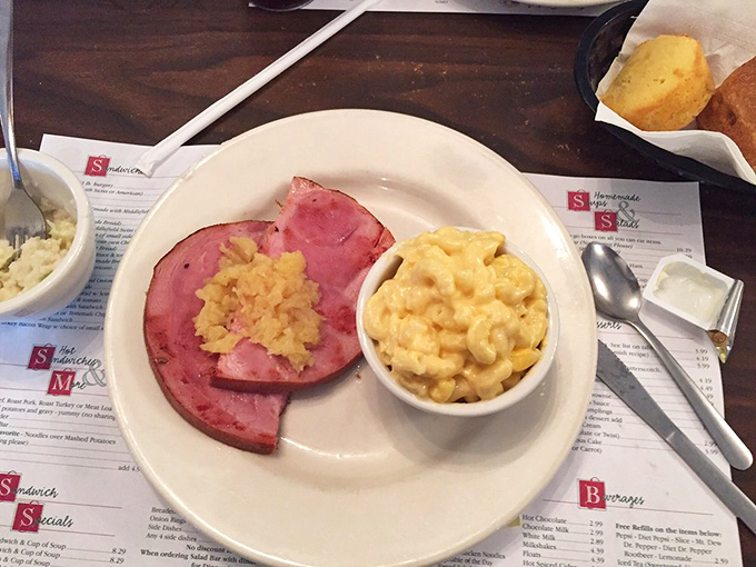 Ham and mac-and-cheese proving that Amish Country dinners don't believe in leaving anyone hungry or disappointed with portions.