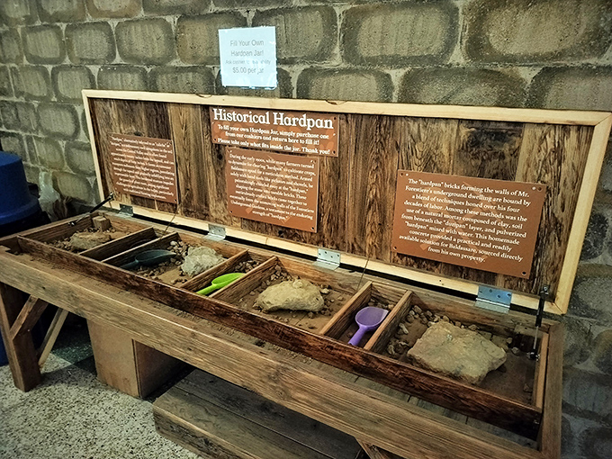Educational displays explain the notorious hardpan layer that transformed one farmer's nightmare into California's most unusual architectural achievement.