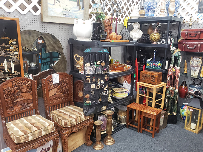 A treasure trove of carved furniture and curios that would make any antiques roadshow appraiser reach for their magnifying glass with trembling hands.