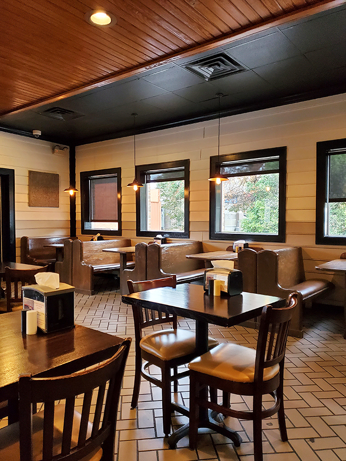 Cozy booths and warm wood tones create the perfect backdrop for the serious business of deciding between seconds or thirds.