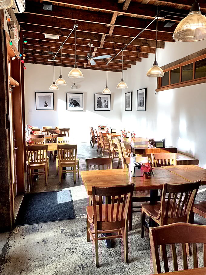 The dining room before the storm. Soon these tables will be filled with happy diners making the kind of food noises that would be embarrassing anywhere else.