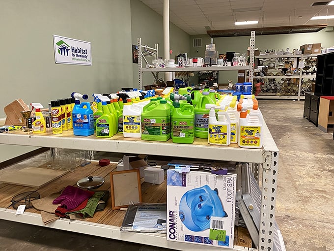Household chemicals and cleaning supplies share shelf space with random treasures. Even half-full paint cans find new purpose in the hands of DIYers.