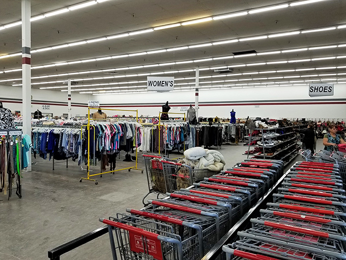 The women's department stretches toward infinity, with shopping carts lined up like taxis at an airport, ready for fashion expeditions.
