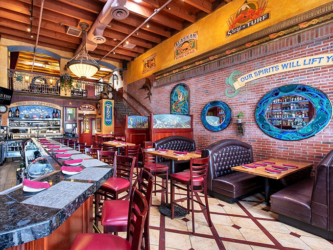 The dining area blends nautical charm with upscale comfort. Those brick walls have heard thousands of "mmms" and "you've got to try this."