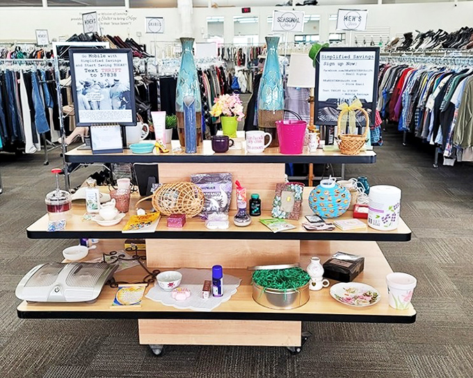 A thoughtfully arranged display table showcases the day's featured finds &ndash; like a museum of everyday treasures curated with surprising care.