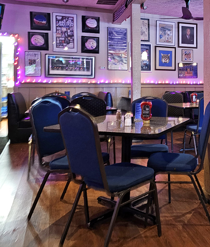 Every framed jersey tells a story, every string of lights adds warmth. The dining room feels like that friend's place where everyone naturally gathers.