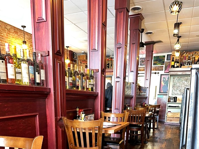 Warm wood paneling, exposed brick, and soft lighting create that magical atmosphere where calories somehow don't count.