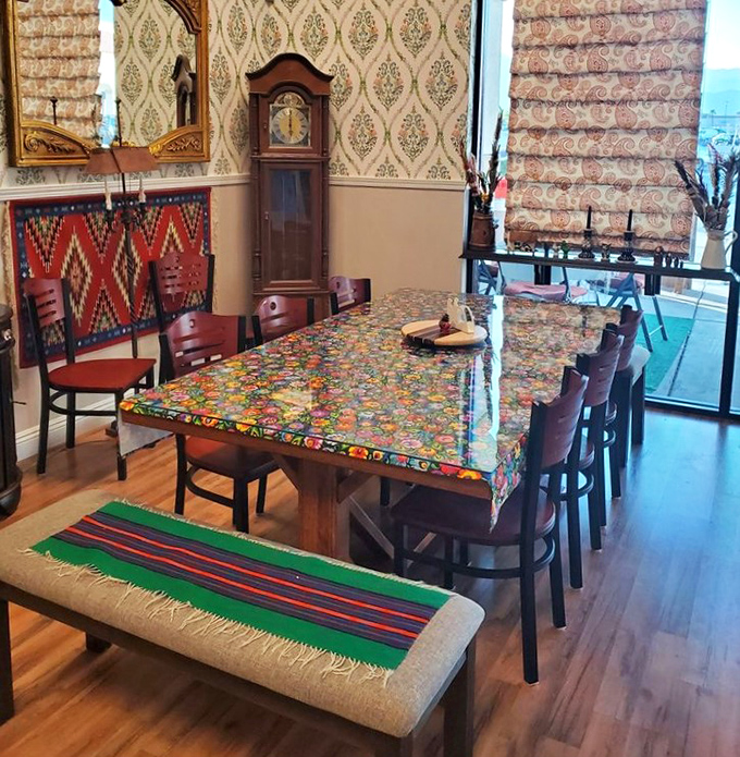 Traditional Polish textiles and a grandfather clock create an atmosphere that says, "Stay awhile, eat more, there's no rush here."