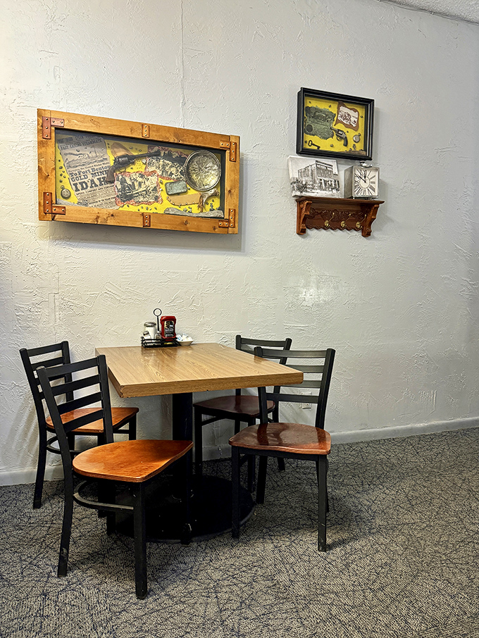 A table waiting for stories to be told. The wall art and wooden surfaces have absorbed decades of laughter and local gossip.