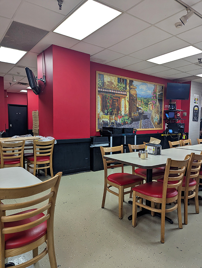 Red walls adorned with Italian village scenes&mdash;because your taste buds should travel to Italy even when your budget says "downtown Indy."
