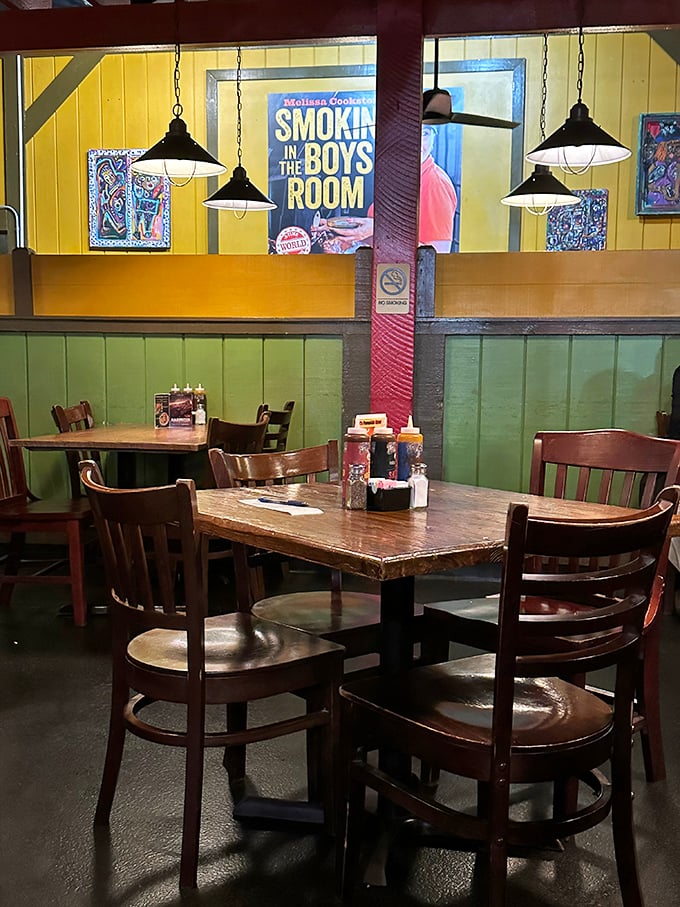 Barbecue cookbooks and pendant lights create the perfect atmosphere for contemplating the deeper meanings of smoke and fire.