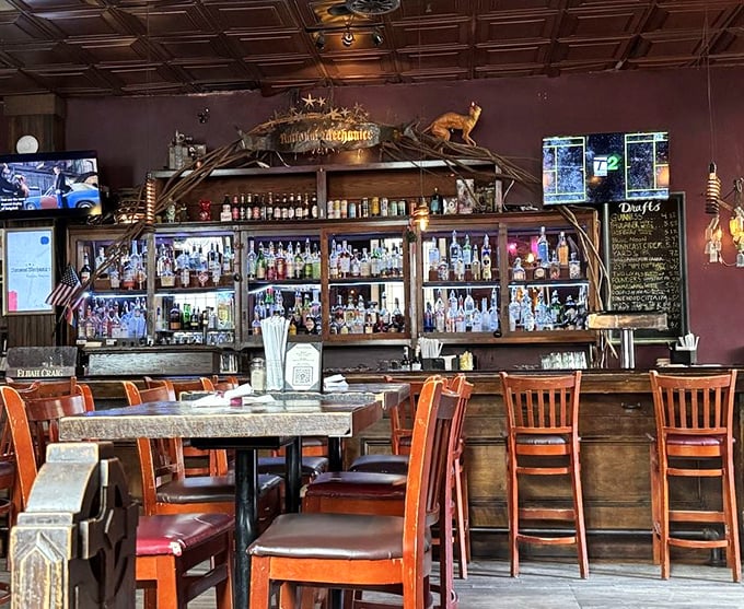 The bar at National Mechanics &ndash; where spirits meet spirits of Philadelphia past. That impressive bottle collection could tell some stories.