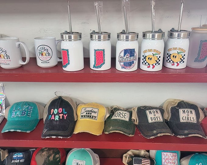 Souvenir heaven for the Indiana-proud: mason jar glasses and distressed caps let you take a piece of peach country wherever you roam.