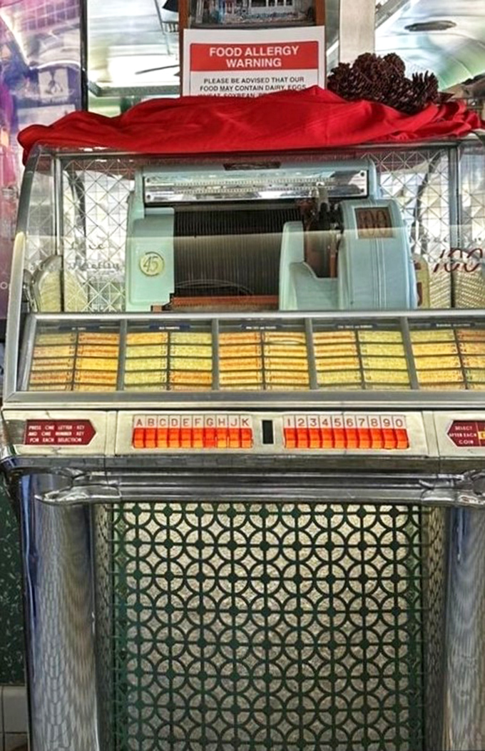 The jukebox isn't decorative&mdash;it's functional history. Drop in a quarter and suddenly your breakfast has a soundtrack from simpler times.
