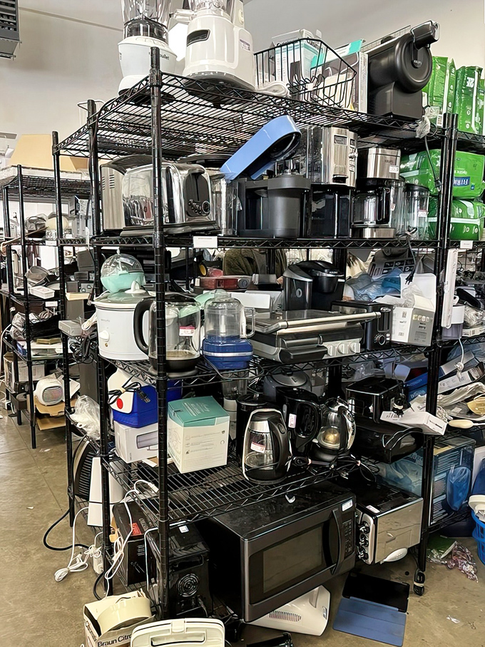 The small appliance section resembles a retirement community for kitchen gadgets, where perfectly functional blenders and microwaves await their second career.