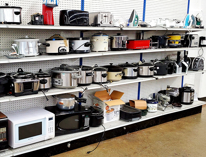 Small appliance paradise where rice cookers, slow cookers, and toaster ovens wait for their kitchen comeback tour.