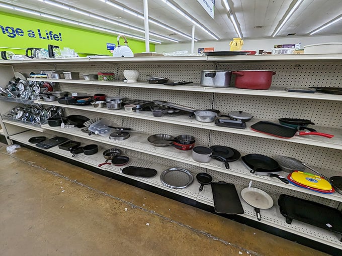 Cast iron pans with decades of seasoning alongside barely-used wedding registry items. Kitchen treasures at prices that won't cook your budget.