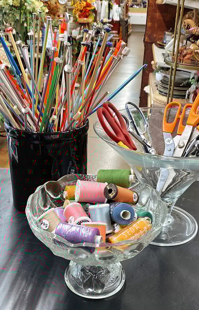 A crafter's dream in crystal bowls. These knitting supplies are the beginning of someone's next heirloom blanket or regrettable sweater project.