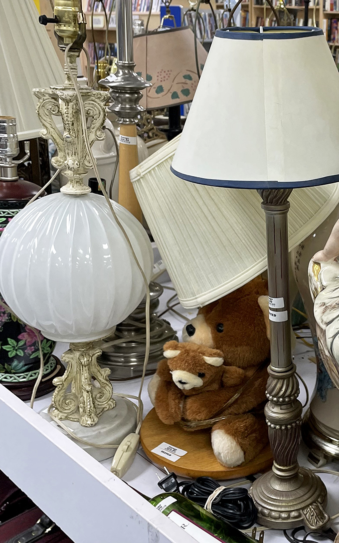 Vintage lamps and cuddly companions share shelf space, proving that one person's decluttering mission becomes another's perfect find.