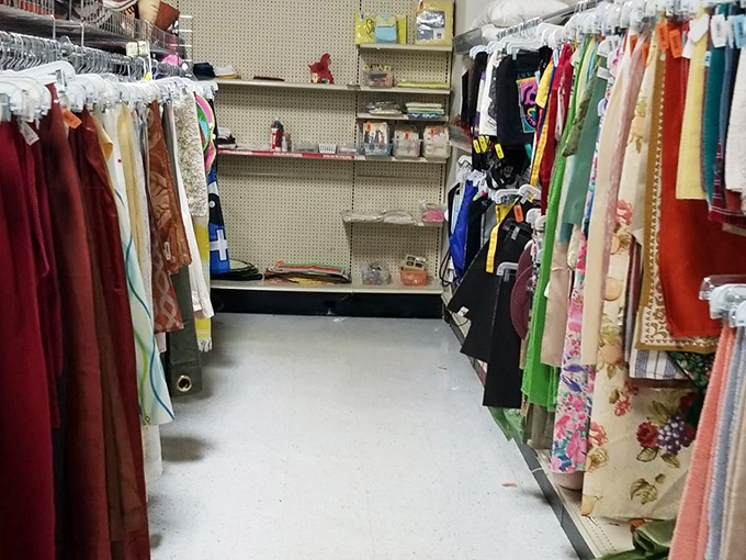 The formal wear section: where prom dresses from decades past dream of new adventures beyond high school gymnasiums.