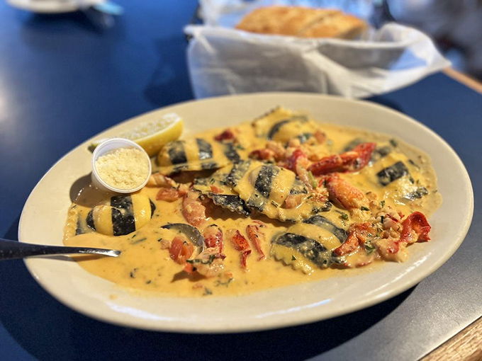 Pasta pillows swimming in a creamy sea, each one hiding treasures of lobster meat&mdash;like underwater presents waiting to be unwrapped.