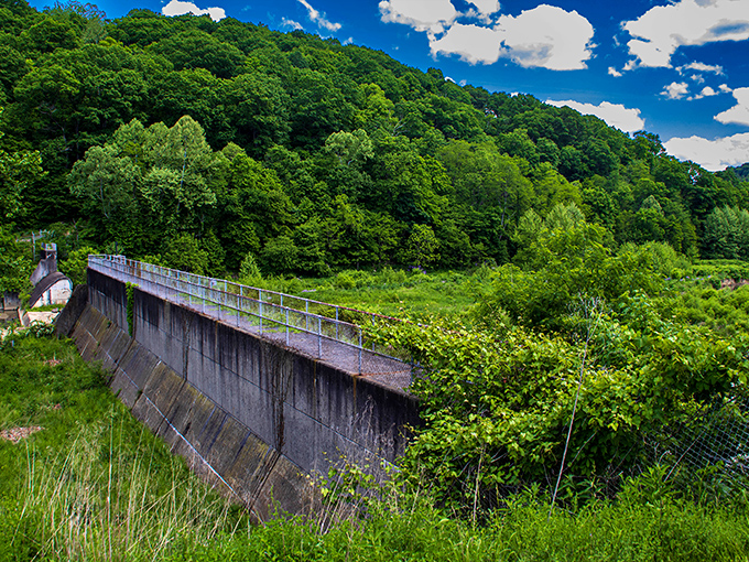 The dam structure stands as a monument to engineering past, now embraced by greenery. Nature slowly reclaiming what man once built.