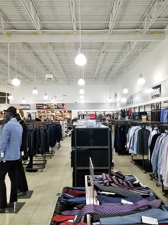 Men's fashion nirvana with high ceilings and low prices&mdash;where ties line up like colorful soldiers and suits await their next adventure.