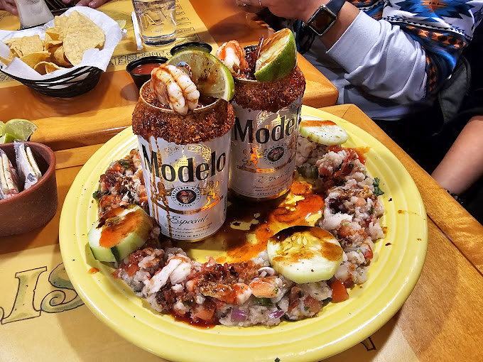 Beer-based micheladas served with a seafood garnish&mdash;because sometimes your drink deserves its own appetizer.