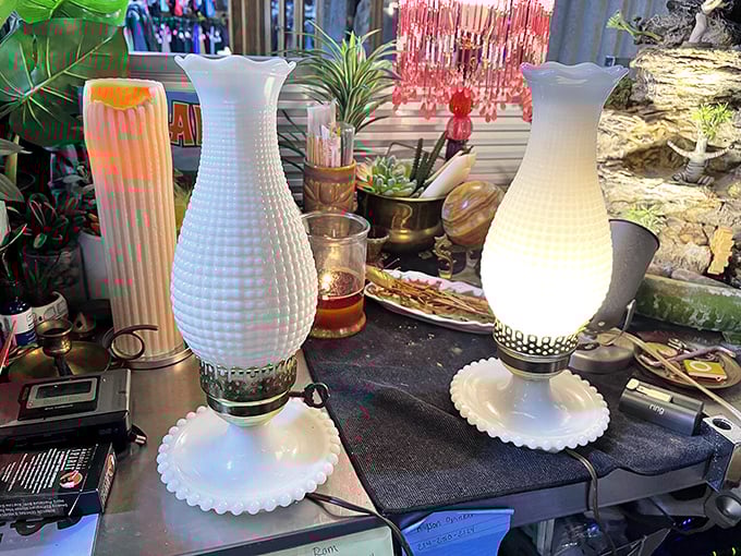These milk glass lamps once illuminated family dinners and late-night reading sessions before finding themselves here, waiting for their second act.