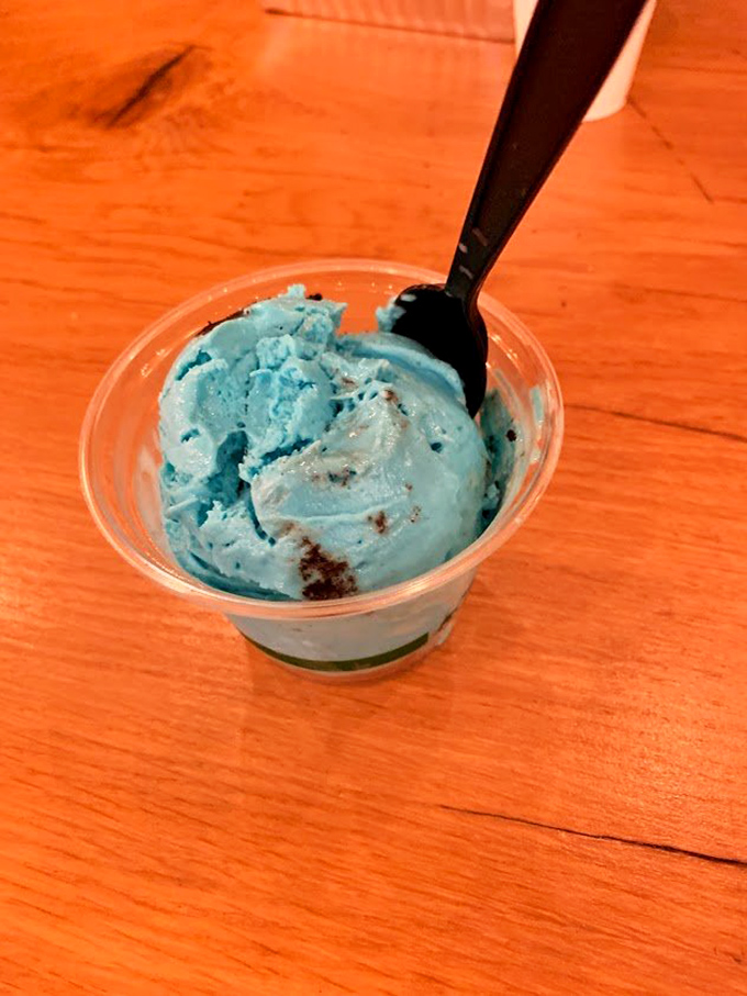 Blue ice cream that looks like it came from another planet, but tastes like it was made in heaven. Spoon included for immediate consumption.
