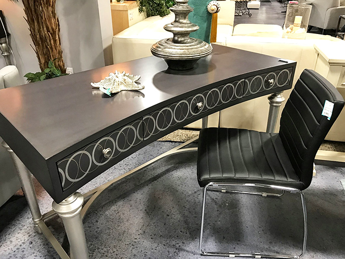 This sleek modern desk with decorative details makes working from home feel less like punishment and more like executive privilege.