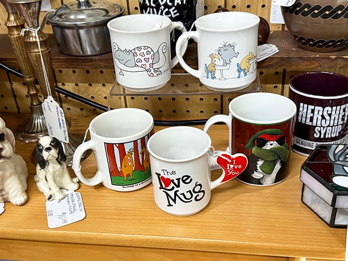 Vintage mugs showcase quirky designs and beloved characters that once brightened someone's morning coffee ritual.