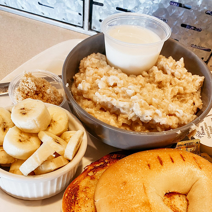 Oatmeal reimagined as a celebration, with fresh bananas and what appears to be the breakfast equivalent of winning the lottery.