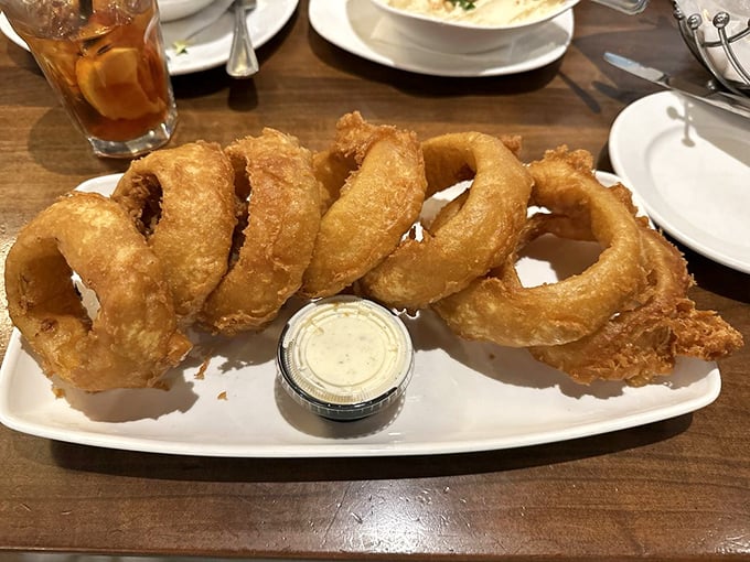 Onion rings that could double as golden halos. Crispy, light, and practically begging to be dunked in that creamy dipping sauce.